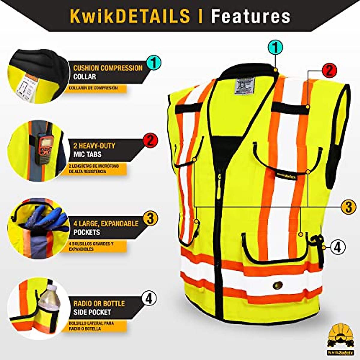 KwikSafety - Charlotte, NC - GODFATHER Safety Vest [CUSHIONED COLLAR] Class 2 ANSI OSHA High Visibility 9 Pockets Reflective Heavy Duty Mesh Vis Construction Industrial Surveyor Men/Yellow Large