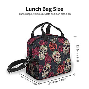 Reusable Skull Lunch Box for Boy Girl Man Women, Adjustable Shoulder Strap Insulated Lunch Bag Lunch Tote Bag for Travel Picnic Office Work