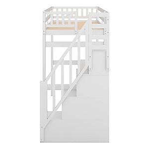 MERITLINE Twin Loft Bed with Desk and Stairs,Wooden Loft Bed Twin with Storage, Kids Loft Bed with Steps for Girls Boys Bedroom, Dorm(Twin,White)