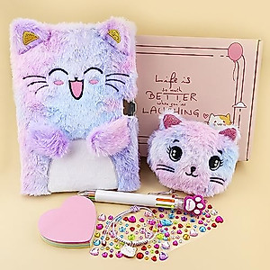 PJDRLLC Cat Diary with Lock, Gift for 6 7 8 Year Old Girl, Secret Diary Journal Notebook with Coin Purse, Bracelet, Multicolored Pen, Post-it Note, Stickers, Practical Gift for Birthday (A Happy Cat)