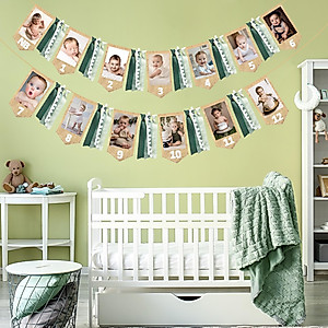 pinkblume 1st Birthday Burlap Photo Banner Garland Handmade Felt from Newborn to 12 Months with Gradient Sage Green Ribbon for Baby Boy Girl Monthly Milestones First Birthday Party Decoration Supplies