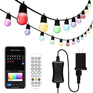 Smart Outdoor String Lights, RGB+IC 2700K Outdoor LED Patio Lights, 49ft with 15 S14 Bulbs, WiFi String Lights, Work with Alexa/Google Assistant, Waterproof, DIY Scene, APP/Remote Control