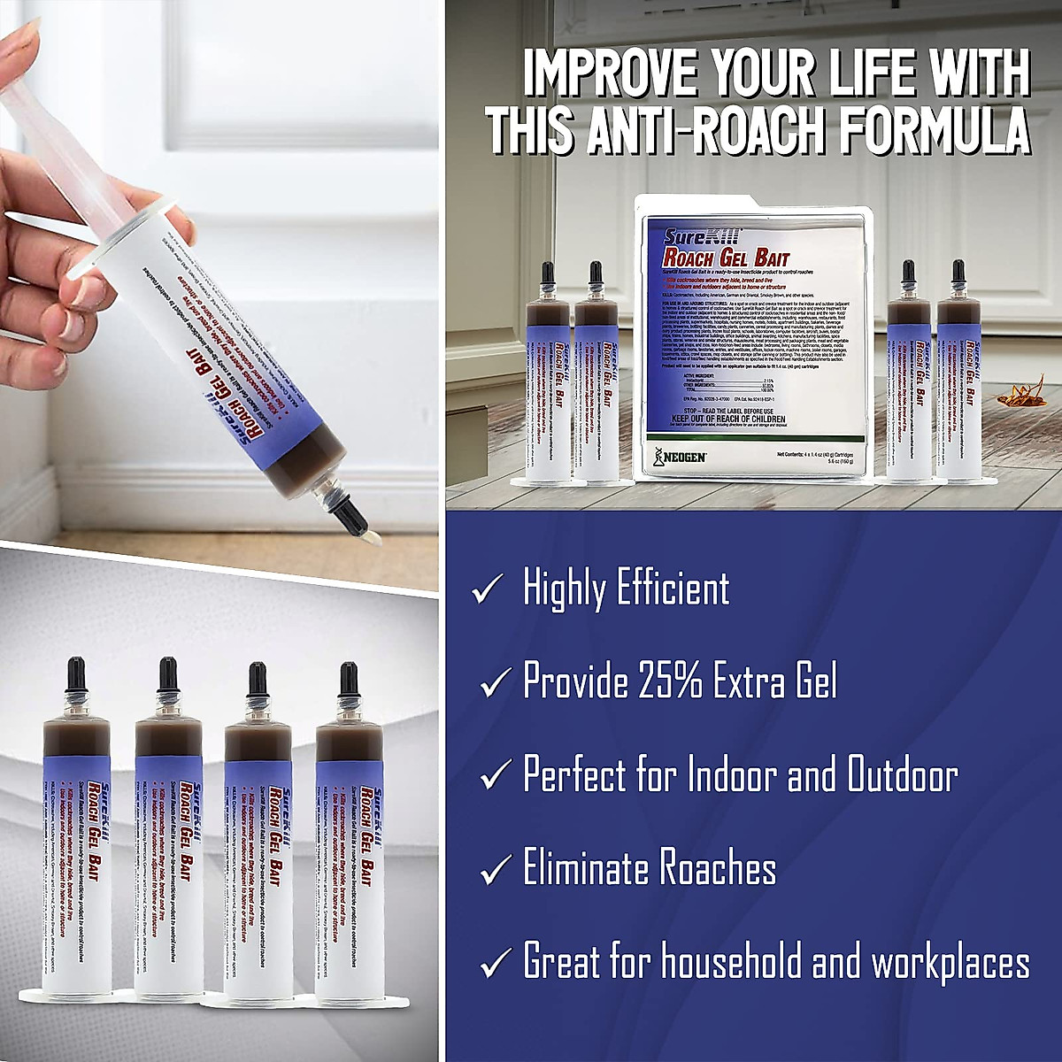 Neogen Surekill Roach Gel Bait - Roach Killer - Cockroach Killer Gel - Animal Friendly Roach Killer - Roach Gel Indoor infestation - Available with Premium Quality Centaurus AZ Gloves- 4× 40g