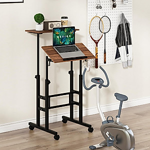 Tangkula Mobile Standing Desk, Height-Adjustable Laptop Podium Cart with Tilting Tabletop & Adjustable Angle, Rolling Stand Up Computer Desk with 2 Hanging Hooks & Lockable Casters for Home Office