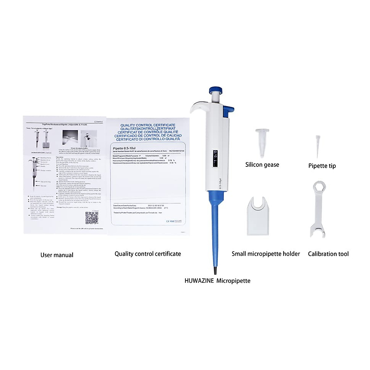 Huwazine Micropipette kit, 0.5-10ul 10-100ul 100-1000ul, Adjustable Single Channel Pipette, 3 Pieces, Pipette Stand, 3 Racks of sterile Pipette Tips (SC Pipettors-3pcs-Set A)