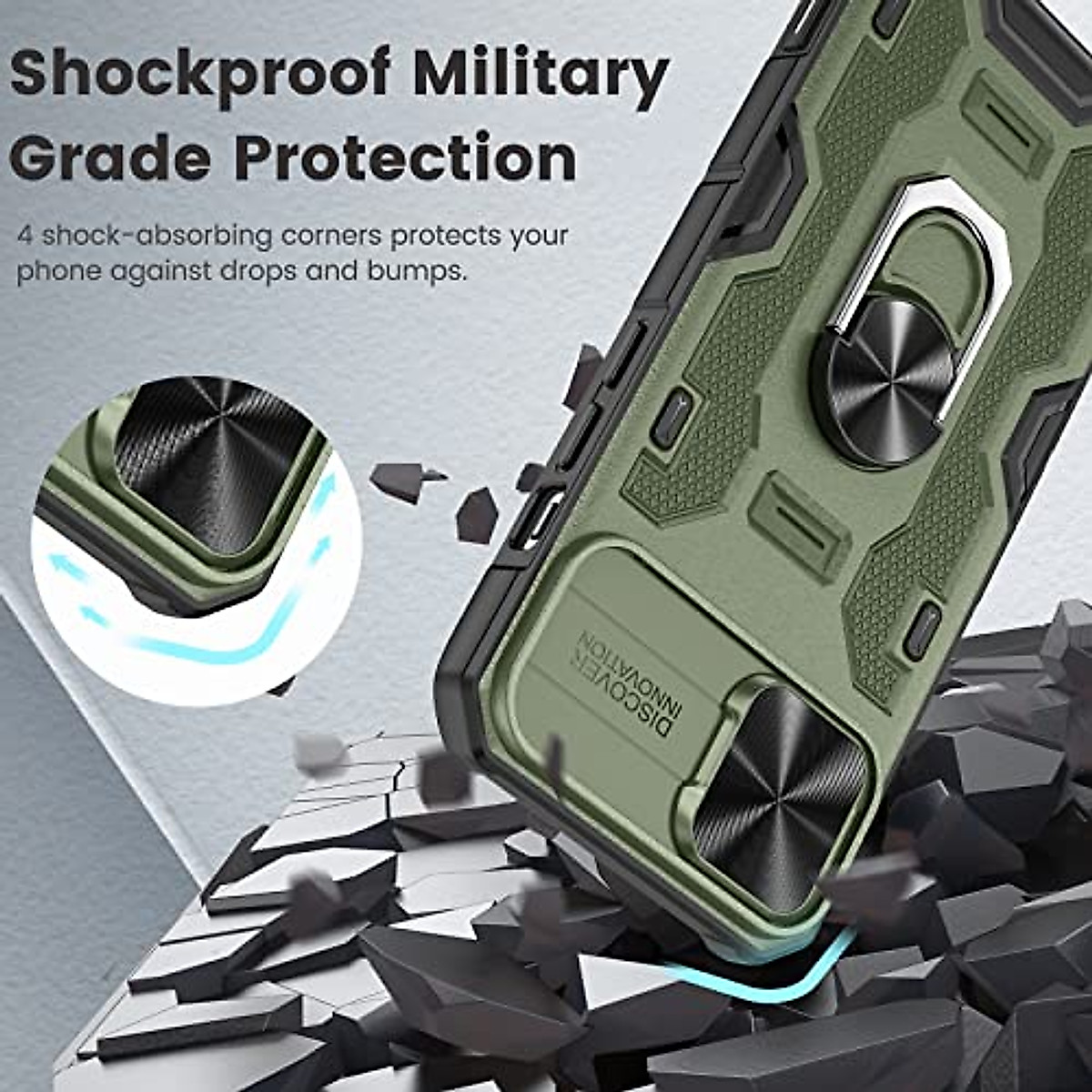 Caka for iPhone 13 Case, iPhone 14 Case with Camera Cover & Kickstand, Built-in 360°Rotate Ring Stand with Camera Lens Protection Magnetic Magnet Protective Phone Case for iPhone 13 iPhone 14-Green