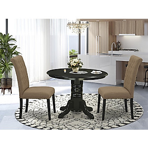 East West Furniture SHBR3-BLK-17 3 Piece Dining Table Set Contains a Round Dining Room Table with Pedestal and 2 Light Sable Linen Fabric Upholstered Chairs, 42x42 Inch, Black