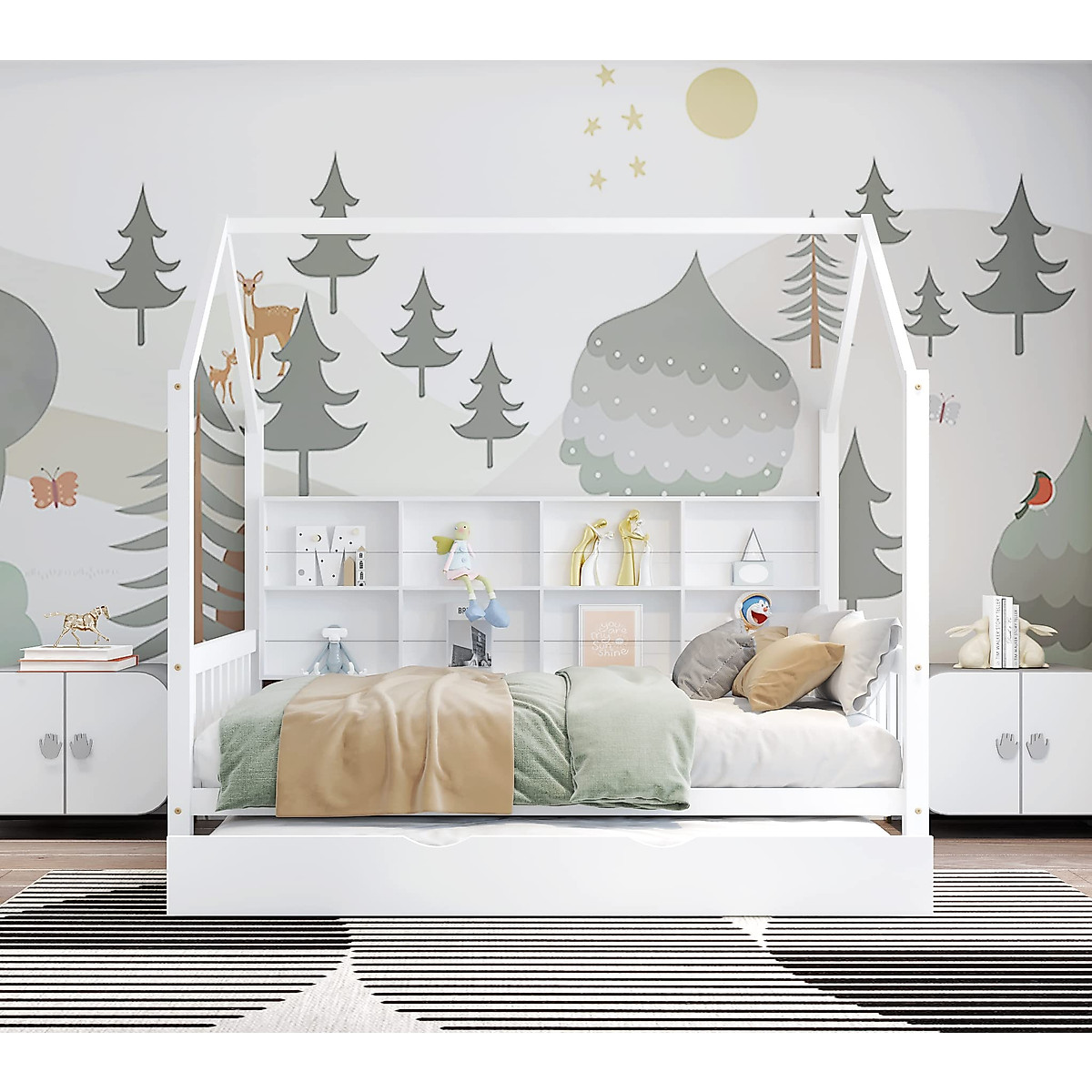DEINPPA Twin House Bed with Shelf, Twin Bed Frame with Trundle & Guardrail for Kids Children Toddlers, No Box Spring Needed