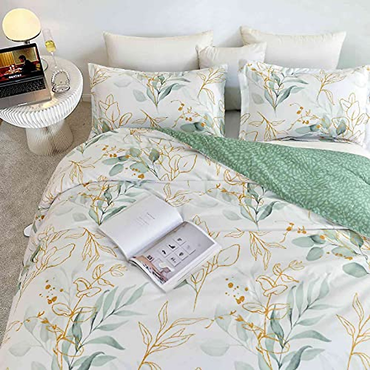 Nanko Queen Size Comforter Set, Green Gold Floral Leaf Flower Print Pattern Down Alternative Comforter Microfiber Modern Bedding,All Season Duvet Bed Set in a Bag for Women Men, 3 Pcs,88 x 90 inch