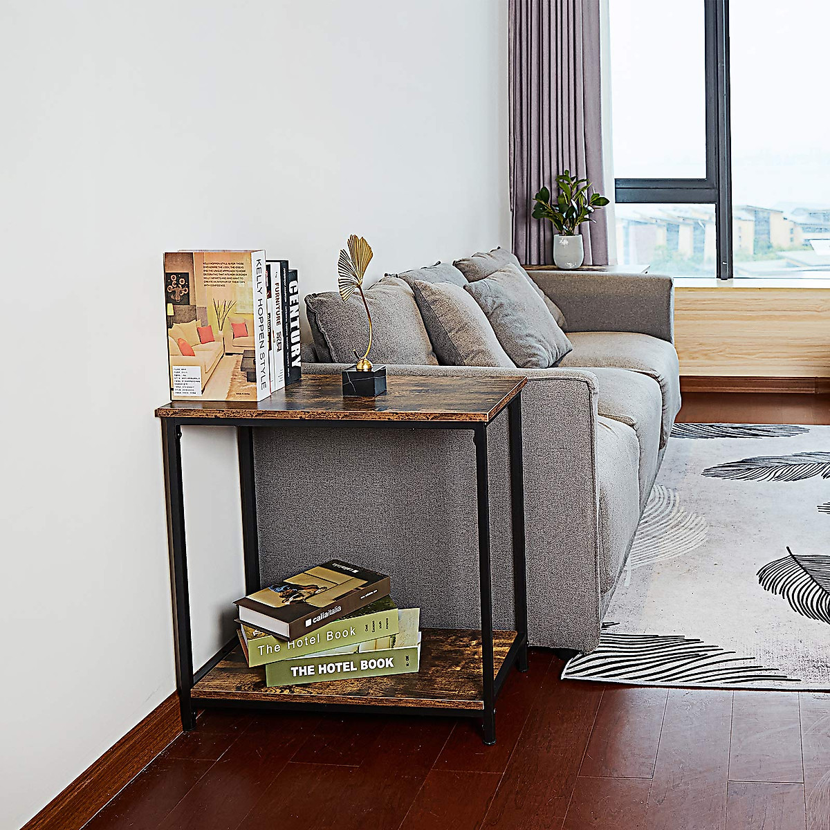 Tianlang Narrow Side Table, Slim End Table with Storage Shelf, 2 Tier Sofa Table, Wooden Industrial Table for Small Space Living Room Kitchen, Stable Metal Frame, Retro Brown LJET010F