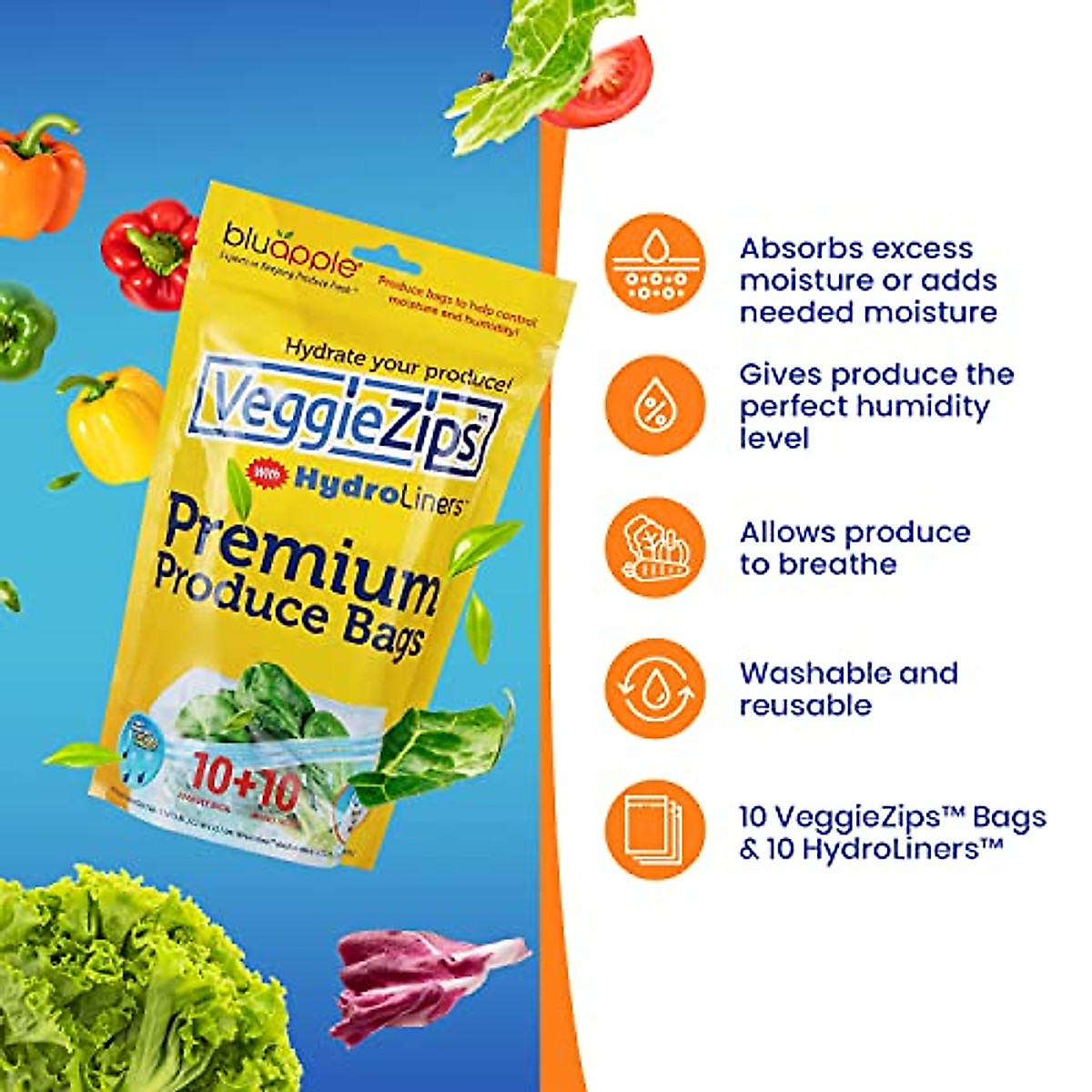 Bluapple VeggieZips Premium Produce Storage Bags - 10 Produce Food Saver Bags + 10 HydroLiners to Keep Produce Fresh Longer - Washable & Reusable Bags for Humidity Control for Fruits and Vegetables
