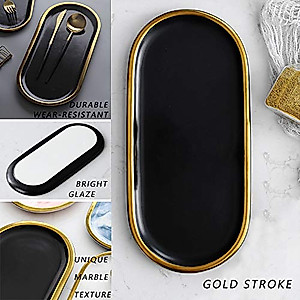 Ceramic Tray Marble Style, Roucerlin Golden Edge Jewelry Dish Tray, Dresser Vanity Decorative Tray Dessert Plate Storage Tray Tea Coffee Cake Fruit Tray Cosmetics Ring Organizer (Black)