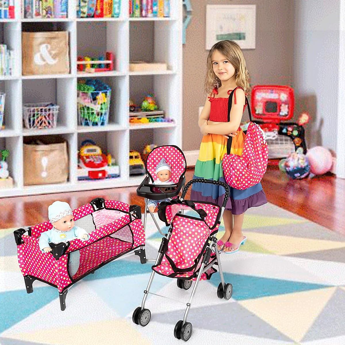fash n kolor 4 Piece Doll Play Set, includes - 1 Pack N Play. 2 Doll Stroller 3.Doll High Chair. 4.Infant Seat, Fits Up to 18'' Doll (4 Piece Set)