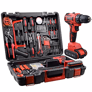 jar-owl 21V Max Cordless Drill/Driver Kit, Brushless, Tool Set with Drill and 112pcs Household Hand Tool Kit for Daily Home Repair, Red