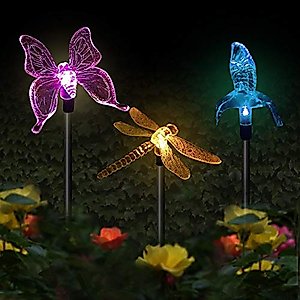 Butterfly Solar Garden Lights, 3 Pack Hummingbird Dragonfly Solar Garden Stake Light, Multi-Color Changing Solar Powered Decorative Landscape Lighting for Outdoor Path, Yard, Lawn, Patio