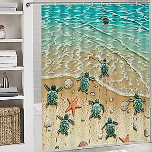 FUZHAO 4 Pcs Sea Turtle Beach Shower Curtain Sets,with Non-Slip Rug,Toilet Lid Cover & Bath Mat,Durable Waterproof for Bathroom Decor Set Including Hooks