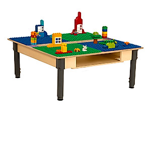 Contender Time-2-Play 35" W Square Build & Learn Compatible with Duplo Table with Trough & Shelf (with Gliders, Blue & Green, 12”-17” Adjustable Legs)