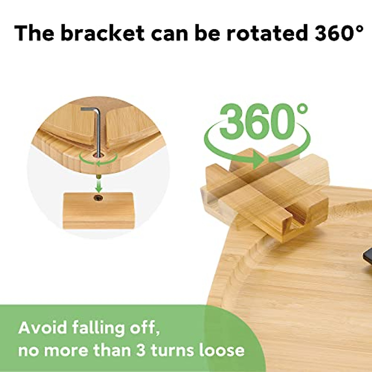 SINWANT Bamboo Sofa Tray Table Clip on Side Table Couch Arm with 360° Rotating Phone Holder, Couch Tray for Arm, Sofa Table for Eating/Drinks/Snacks/Remote/Control