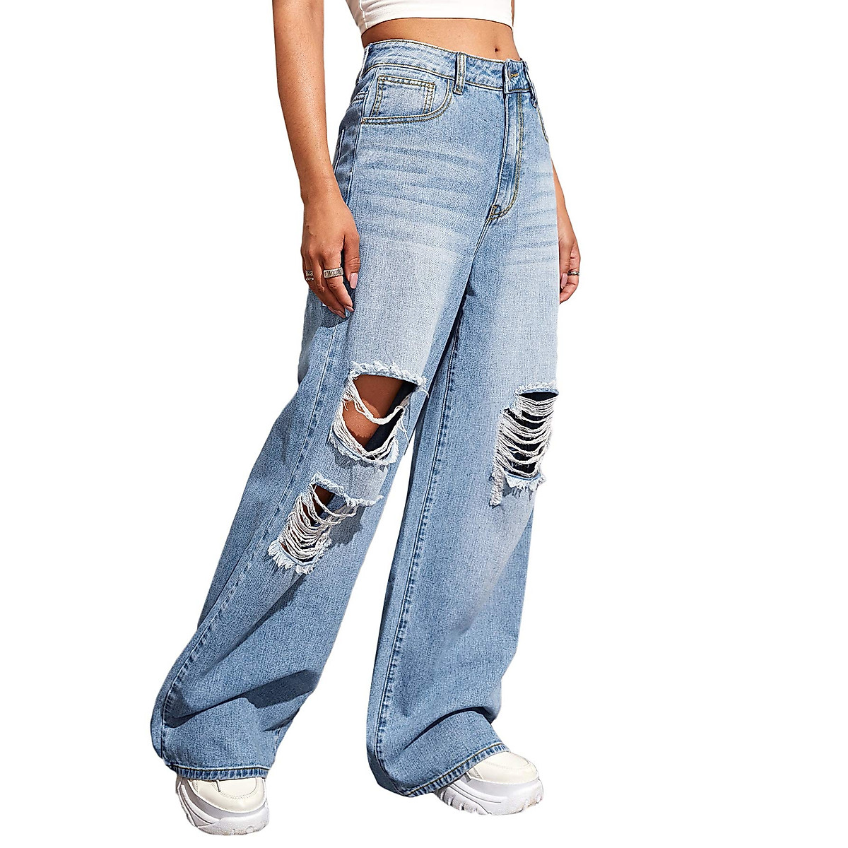 SweatyRocks Women's Casual Loose Ripped Denim Pants Distressed Wide Leg Jeans Light Blue L