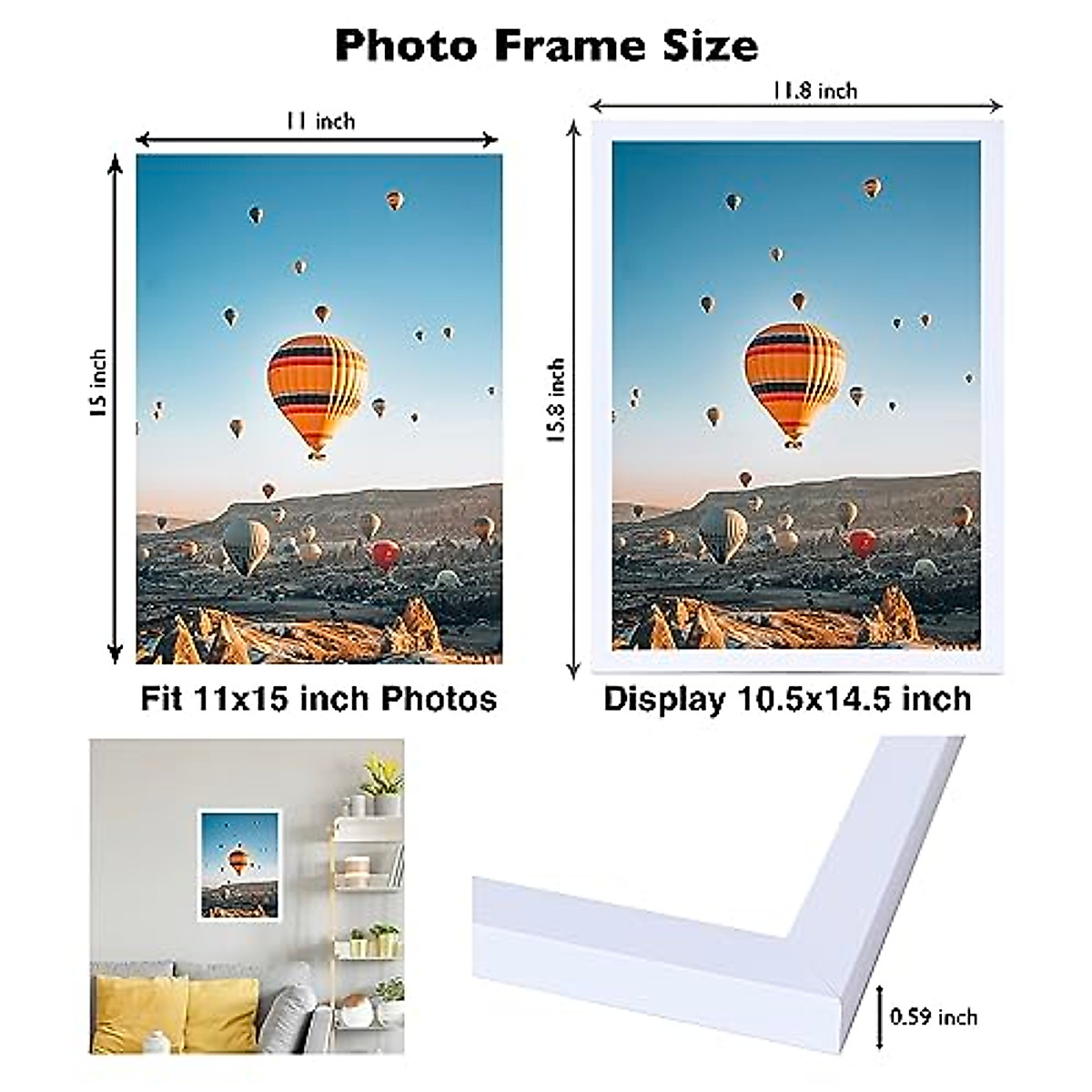 JCJMY 11x15 inch Picture Frame, Horizontal and Vertical Formats for Wall Hanging, 11 x 15 Wall Gallery Poster Photo Frame with Durable Shatter Resistant Plexiglass, White