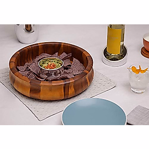 nambe - Nara Collection - Curved Chip & Dip Bowl 13" x 3.5" - Inner Mini Nambe Alloy Dip Bowl - Measures at 13" x 3.5" - Made with Nambe Alloy and Acacia Wood - Designed by Sean O'Hara