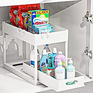 Bengenta Under Sink Organizers and Storage,2-Tier Sliding Cabinet Basket Organizer Drawer with Hooks,Pull Out Under Cabinet Storage for Bathroom Kitchen(white)