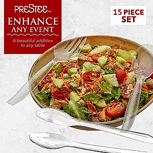 Prestee 15 Piece Transparent Plastic Disposable Serving Utensils Set - 10" Spoons, Tongs, Forks - Disposable Serving Trays and Platters for Kitchen Dining, Buffet Cutlery Sets, Serving Trays (15pk)
