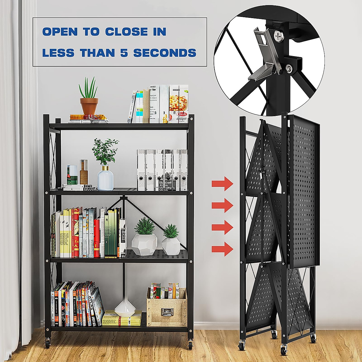Lifetime Home 4-Tier Foldable Storage Shelf with Wheels - Metal Collapsible Shelving Unit Display, Rolling Cart for Books Kitchen Storage Shelves, Pantry & Closet Organizer, Office Room Decor - Black
