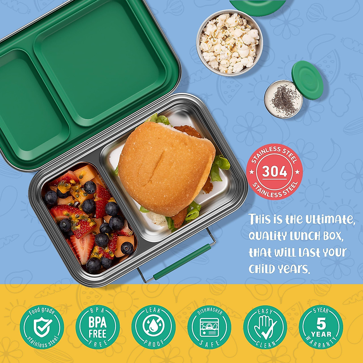 AOHEA Stainless Steel Lunch Box for Kids, Leak Proof Bento Lunch Box BPA Free 304 Stainless Steel Bento Box Stainless Bento Box with Containers for School and Office(Green)