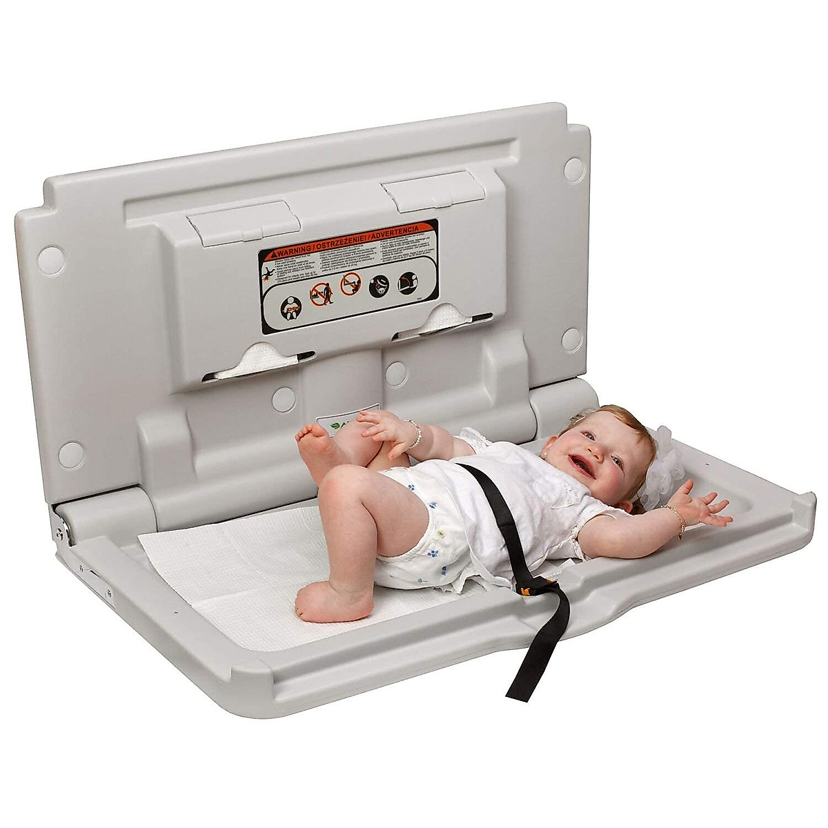 Alpine Industries Wall Mounted Baby Changing Station - Horizontal Fold Down Diaper Changing Table with Safety Strap - Ideal for Commercial Bathrooms