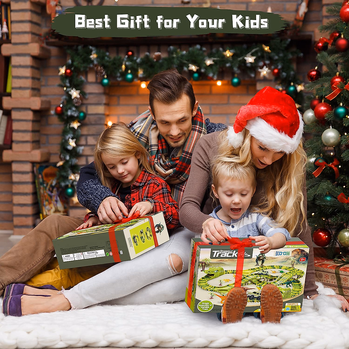 KO-ON Dinosaur Toys,280Pcs for Kids Create A Dinosaur World Race Track,Flexible Race Track with 2 Electric Race Cars,Christmas Birthday Gift for Boys Girls Age 3 4 5 6 7 Year Old and Up