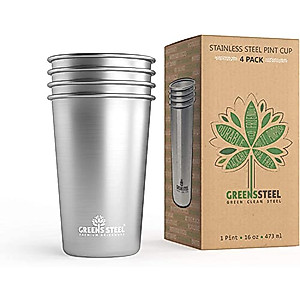 #1 Premium Stainless Steel Cups 16 oz/ 475ml Pint Cup Tumbler (4 Pack) by Greens Steel - Premium Metal Cups - Stackable Durable Cup