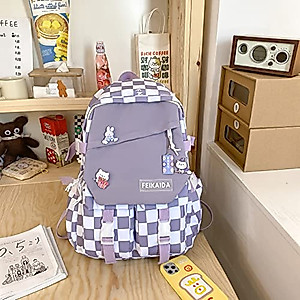 Grunge Aesthetic Backpack Checkered School Bag Harajuku Laptop Backpack for Women Large Capacity School College Backpack (Purple, One Size)