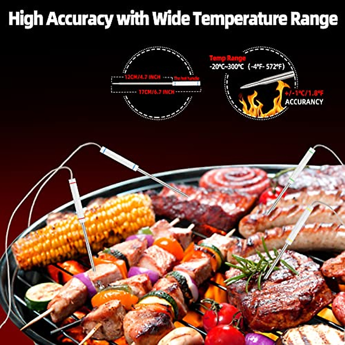 Digital Meat Thermometer - Cooking Food Oven BBQ Smoker Grill Thermometer for Grilling Smoking - Wireless Meat Thermometer with 4 Temperature Probes