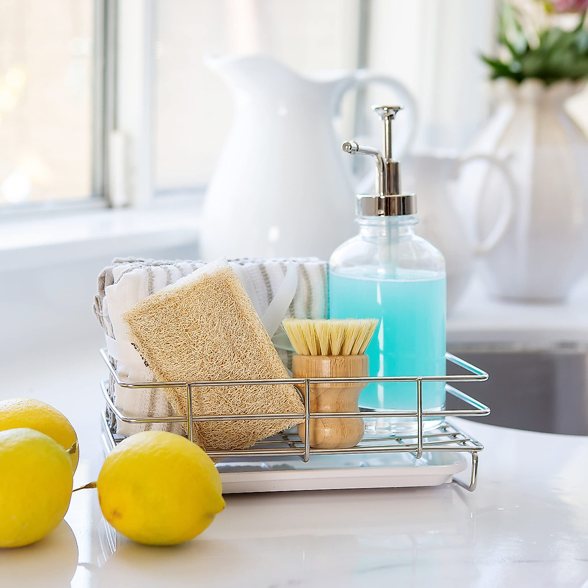 HandyHomeConcepts Kitchen Sink Caddy Sponge Holder For Kitchen Sink Organizer Large Caddy Silver 9.5x6.1x3.5 inch with removable melamine drain tray (not incl. Soap, Brush, Sponge, Towel)