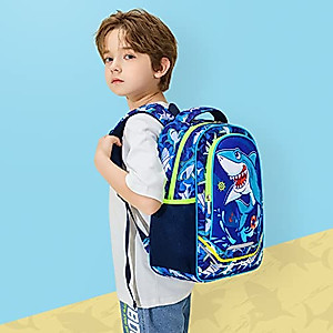 WAWSAM Shark Backpack for Boys - 15 Inch Boys Backpacks for Kids School Kindergarten Primary Elementary Schoolbag Bookbag Blue Backpack with Chest Strap and Bottle Pocket Travel Casual Daypacks