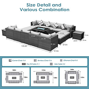 RADIATA PE Wicker Patio Furniture Set Sectional High Back Large Size Sofa Sets with Propane Fire Pit Table 55000 BTU Balcony Rattan Lounge Conversation Sets for Outdoor (17 Pieces,Light Gray)