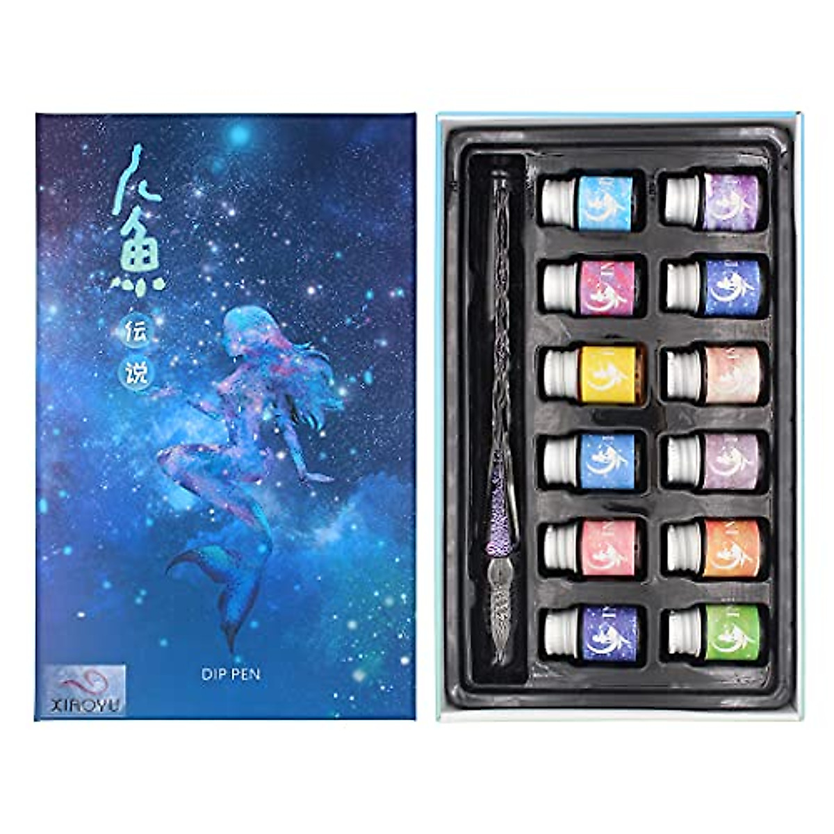 XIAOYU Mermaid Story Glass Pen, Mermaid Story Glass Dip Pen Ink Set, Mermaid Story Calligraphy Dip Pens, Starry Sky Crystal Calligraphy Pen and Ink Set with 12 Colorful Inks, Purple