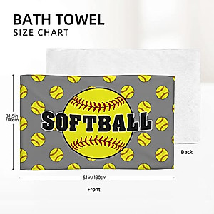LOTSFUNS Softball Beach Towel Yellow Softball Sports Balls on Grey Bath Towels, Personalized Softball Accessories for Girls Kids, Lightweight Quick Dry Sandproof Pool Towels, Oversized 31.5x51.2