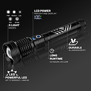 SKNSL Rechargeable LED Flashlights 900,000 High Lumens - Bright Flashlight with 5 Modes, Long Runtime, IPX7 Waterproof, Powerful Flash Light for Camping Hiking