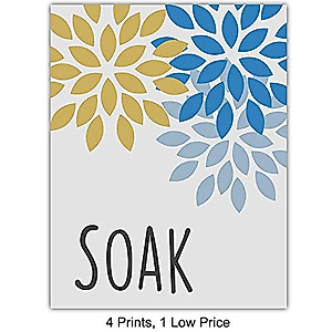 Relax Soak Unwind Wall Art Bathroom Decorations - Teal Blue Yellow Restroom Signs - Powder Room, Guest Bath Wall Decor - Bathroom Decor for Women - Housewarming Gift - 8x10 Poster Picture Set