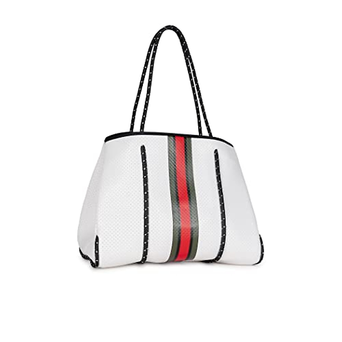 Haute Shore - Greyson Trento Neoprene Tote Bag w/Zipper Wristlet Inside, White Coated W/Red, Black & Green Stripe