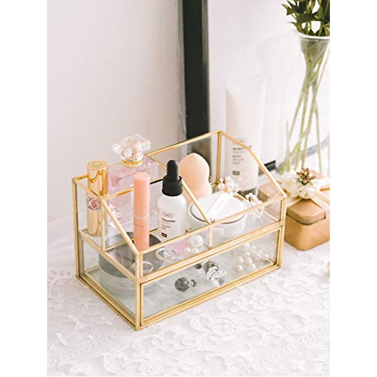 FSyueyun Makeup Organizer for Vanity, Clear Glass Drawer Organization and Storage Jewelry Display Case Gold Cosmetics Storage Lipstick Organizer Tray Perfumes for Bathroom Counter or Dresser