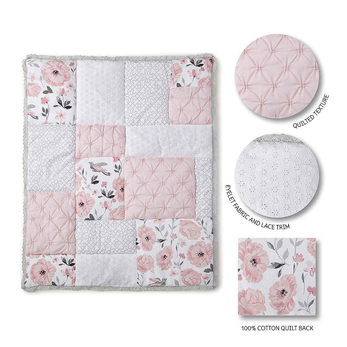 Levtex Baby - Elise Crib Bed Set - Baby Nursery Set - Pink, Grey, and White - Floral and Velvet Patchwork - 5 Piece Set Includes Quilt, Two Fitted Sheets, Wall Decal & Skirt/Dust Ruffle