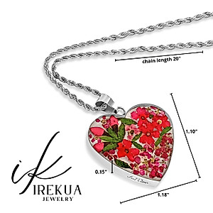 IREKUA Love Heart Necklace for Women 925 Sterling Silver Pressed Flowers Pendant with 20" Stainless Steel Chain Jewelry for Anniversary Birthday Valentines Christmas Gifts for Woman Mother Wife Mom Girlfriend Girl Lady Her with Gift Box