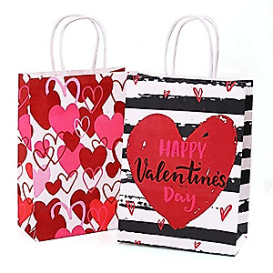 Cooraby 20 Pieces Valentines Day Paper Bags Valentine's Day Party Kraft Bags Paper Red and Pink Color Hearts Bags with Handle for Party Favors