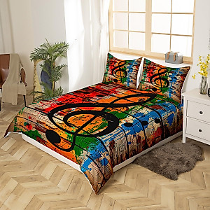 Castle Fairy Graffiti Bedding Set Full Size,Farmhouse Barn Door Duvet Cover,Teenager Music Lover Comforter Cover,Classic Musical Notes Room Decor Quilt Cover,2 Pillowcase,No Comforter