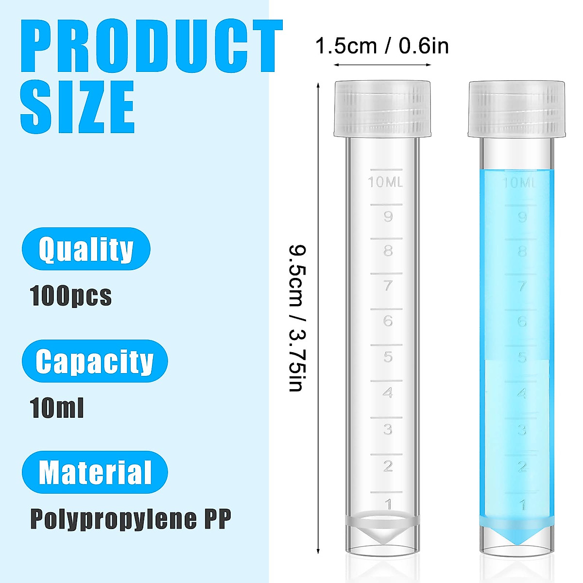Kanayu 100 Pcs 10ml Plastic Test Tubes with Lids Vial Seal Cap Container Small Storage Tubes with Caps Clear Test Lab Tubes with Silicone Sealing Ring for Science Experiments Sample Water Liquid