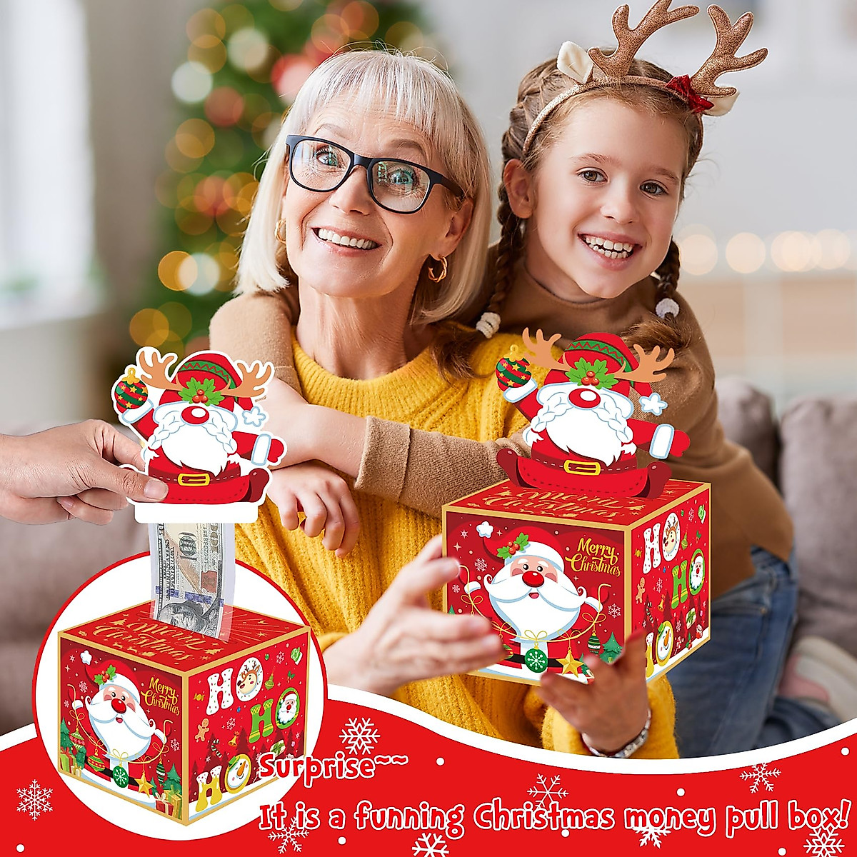 Meiidoshine Christmas Money Box for Gift Pull, Surprise Money Holder for Kids Adults, DIY Fun Holiday Cash Box for Women Men Girls Boys Mom Dad Friends, Include 100Pcs Transparent Bags