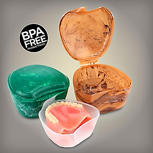 Easy Open Denture Bath & Case, with Strainer Basket for Soaking, Cleaning, and Storage, Two Pack (Emerald & Copper)